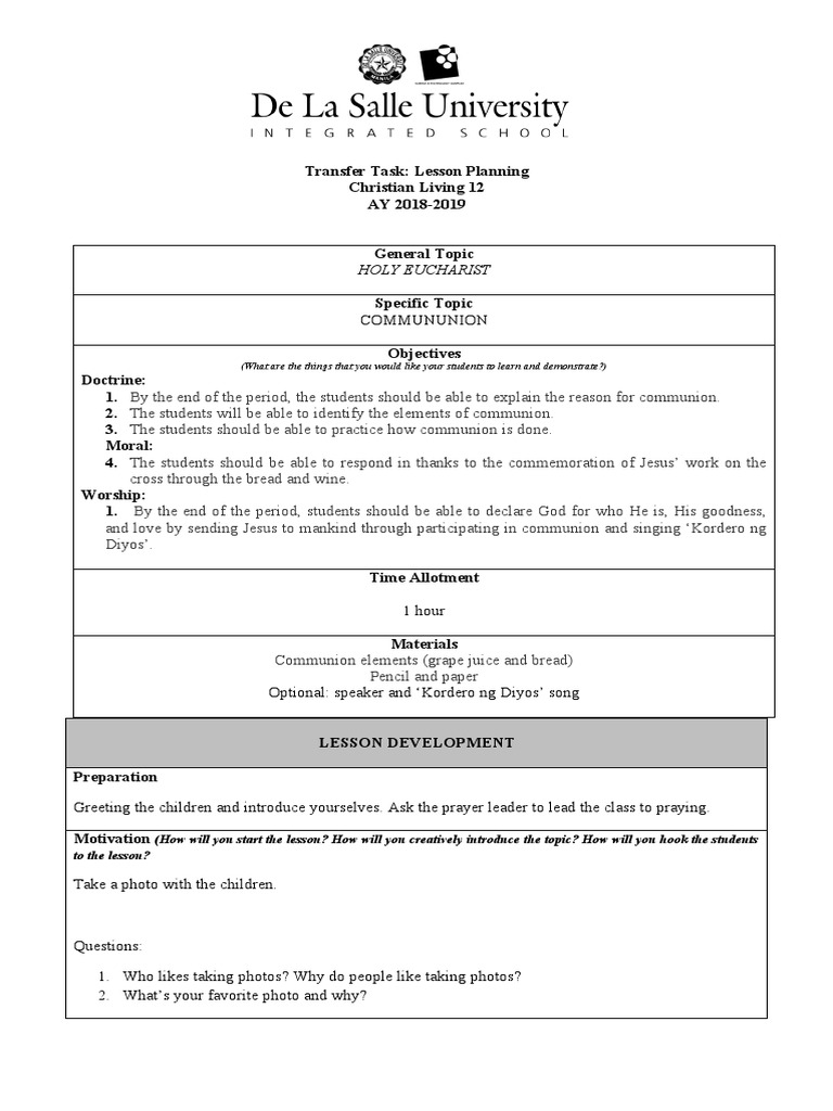 Lesson Plan Communion | PDF | Eucharist | Jesus