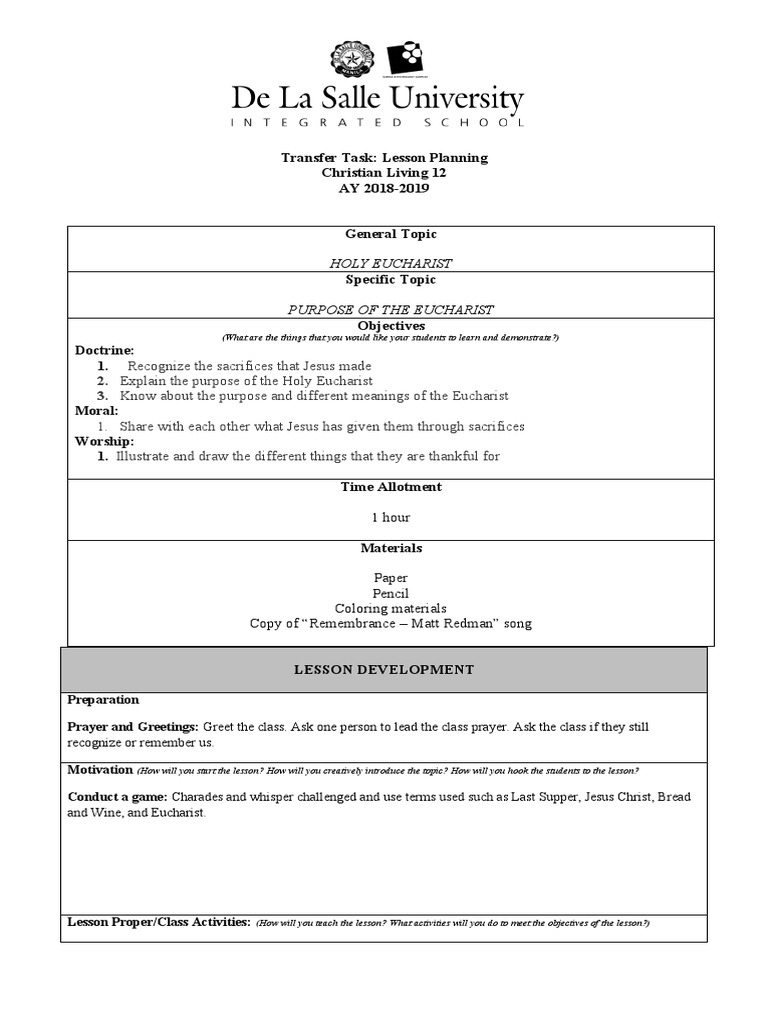 Lesson Plan Purpose of Eucharist - F1 | PDF | Eucharist | Last Supper