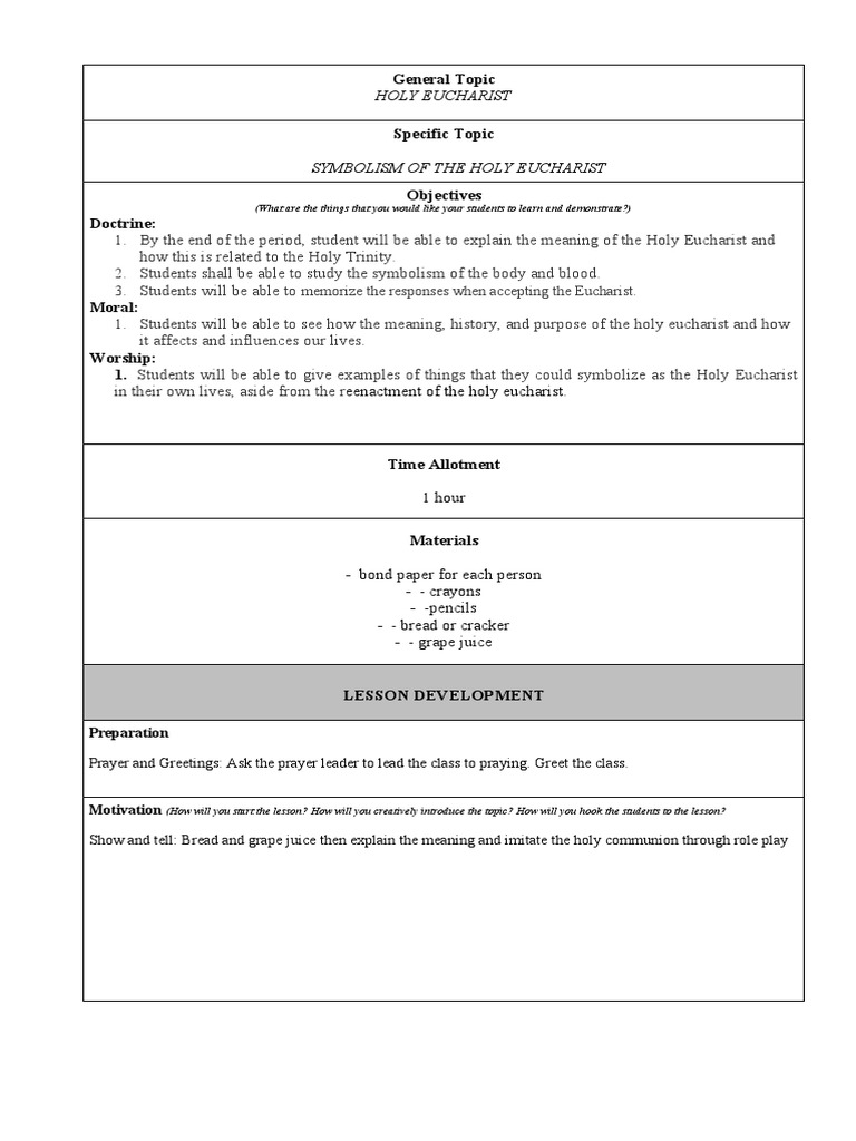 Eucharist Symbolism Lesson Plan | PDF | Eucharist | Mass (Liturgy)