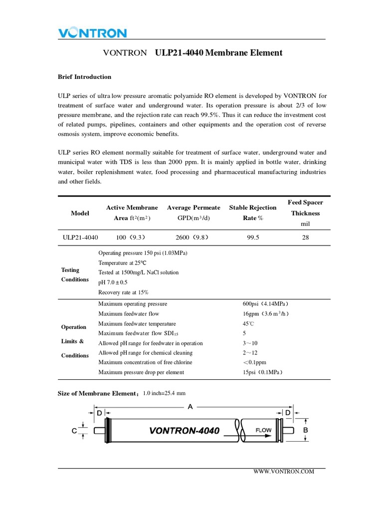 An Introduction to the VONTRON ULP21-4040 Ultra Low Pressure Reverse Osmosis Membrane Element ...