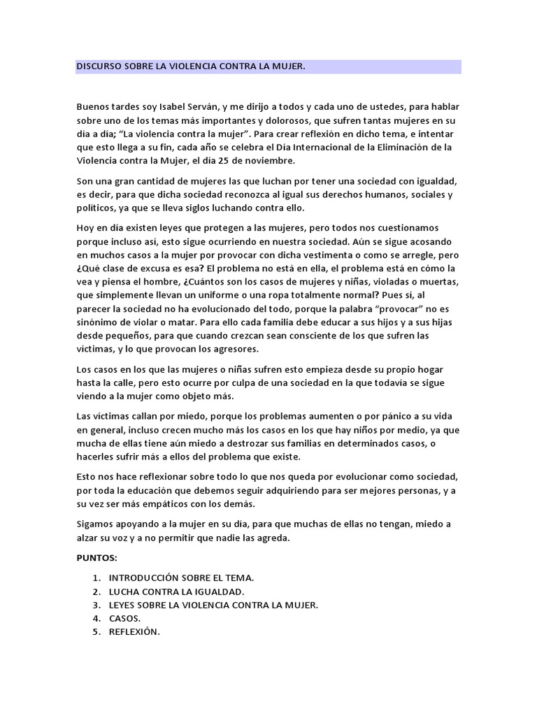 Discurso Sobre La Violencia Contra La Mujer Pdf La Violencia Contra
