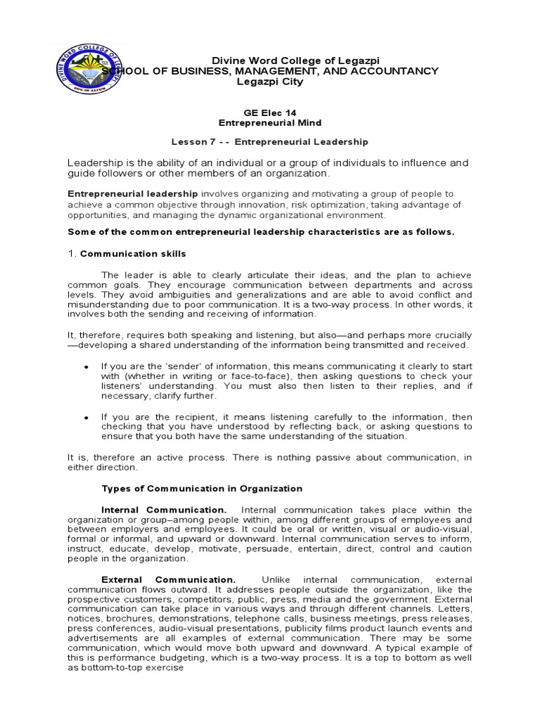 Lesson 7 - Entrepreneurial-Leadership | PDF | Leadership | Communication