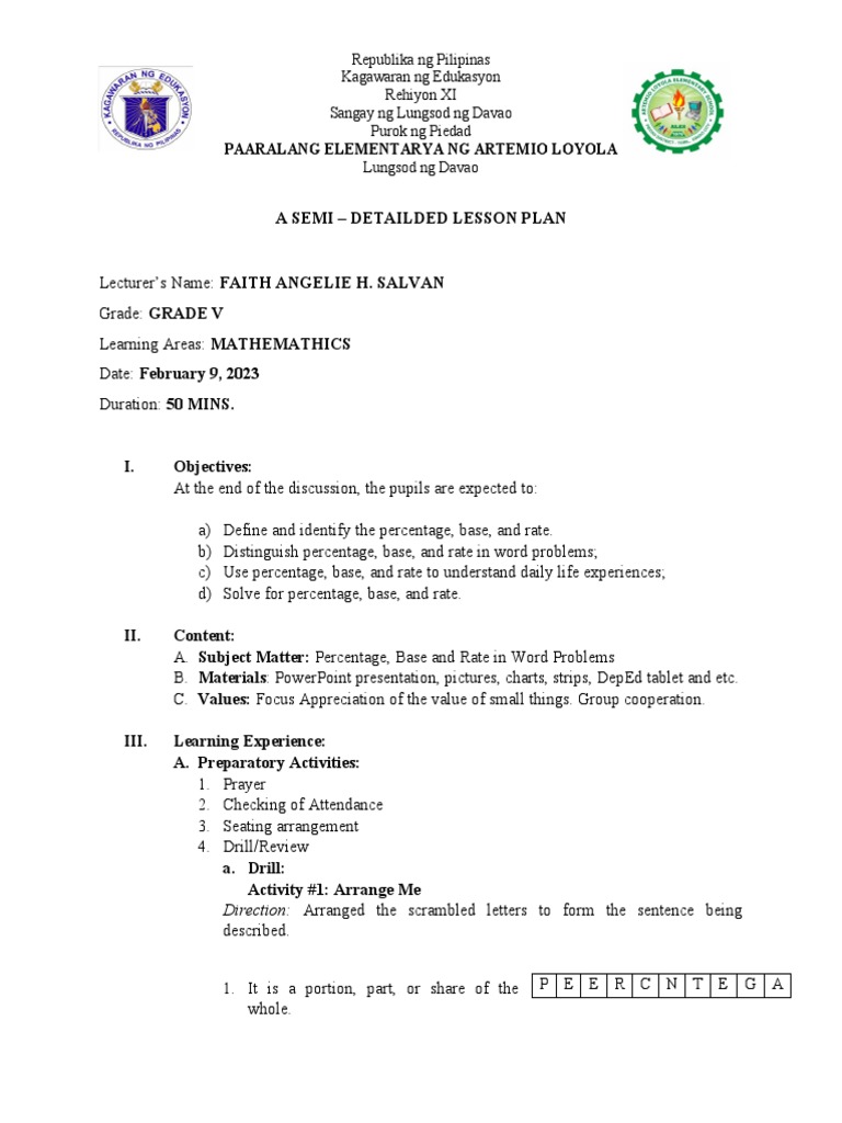 Determining Percentage, Base, and Rate: A Semi-Detailed Lesson Plan on ...