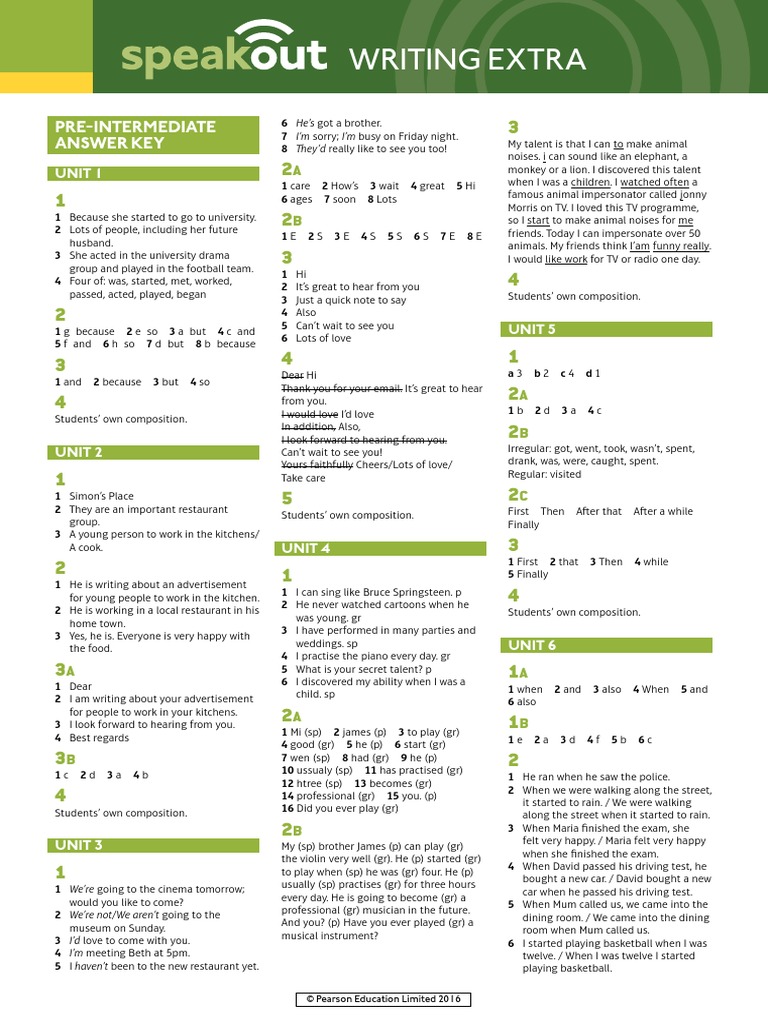 Speakout Writing Extra Pre Intermediate Answer Key Compress | PDF