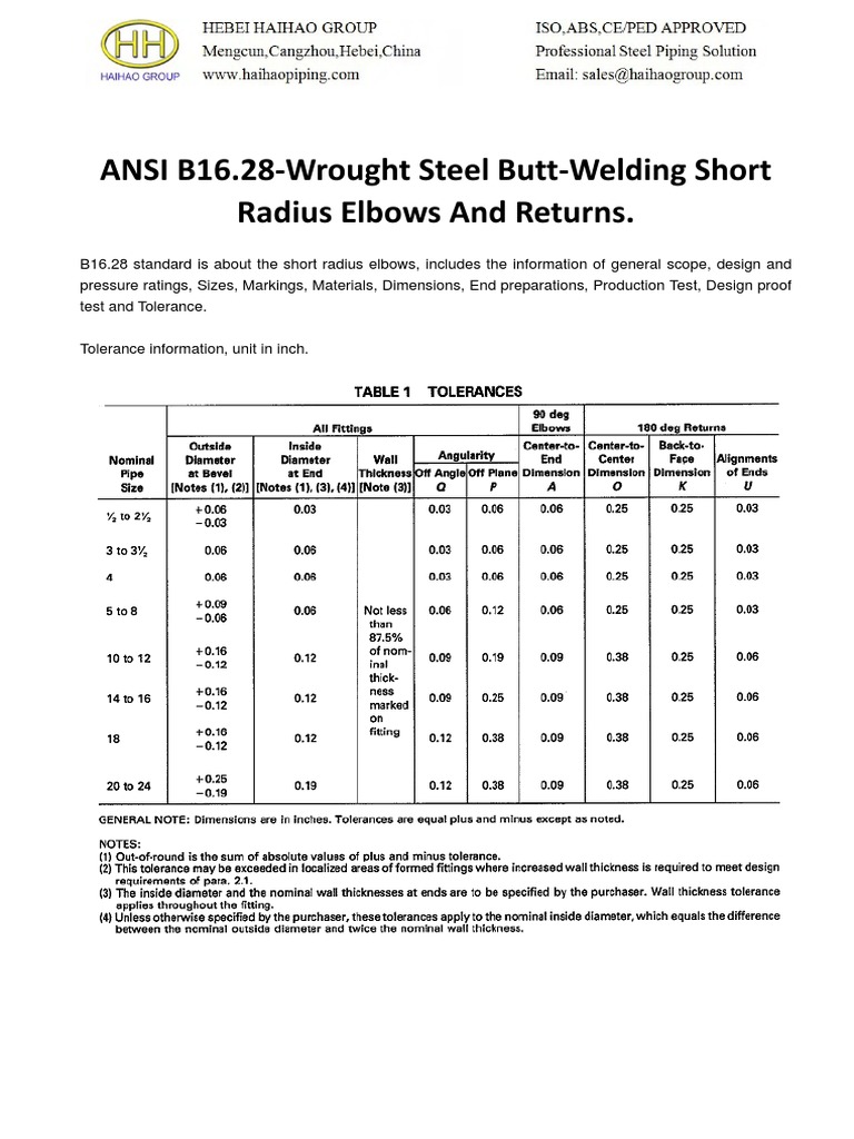 ASME ANSI B16.28 Wrought Steel Butt Welding Short Radius Elbows and ...
