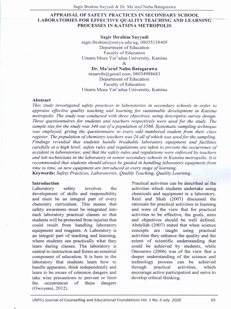 Appraisal of Safety Practices in Seconda | PDF | Laboratories | Sampling (Statistics)