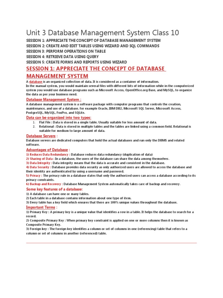 DBMS Basics for Class 10 Students | PDF | Relational Database | Databases