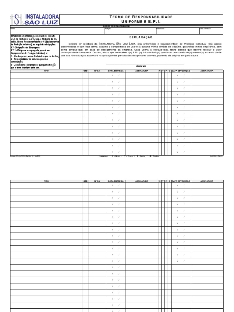 Mod 0004 Rh Termo De Responsabilidade Uniforme Epi Pdf