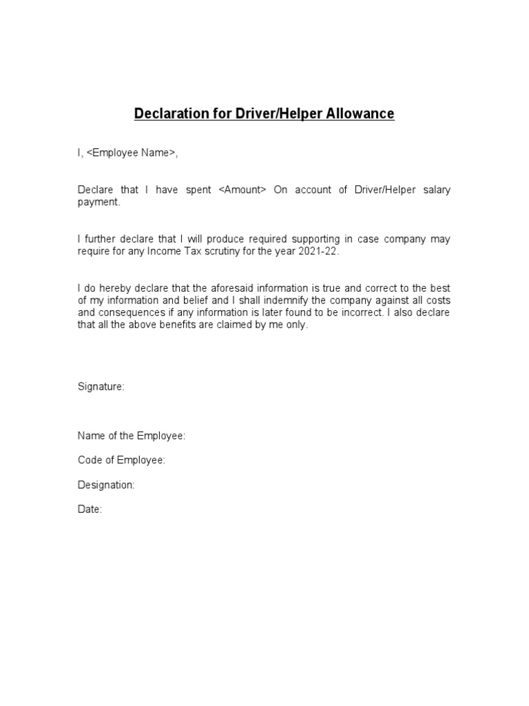 Declaration For Diver - Helper Allowance | PDF