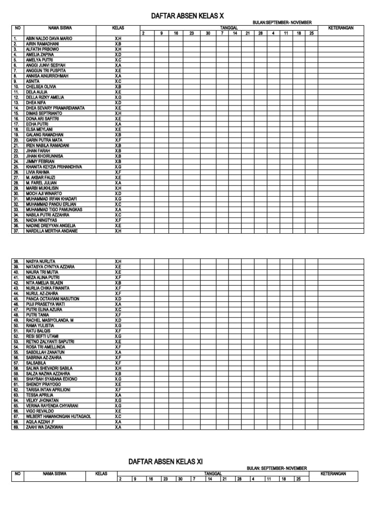 Daftar Absen Kelas X-Xi | PDF