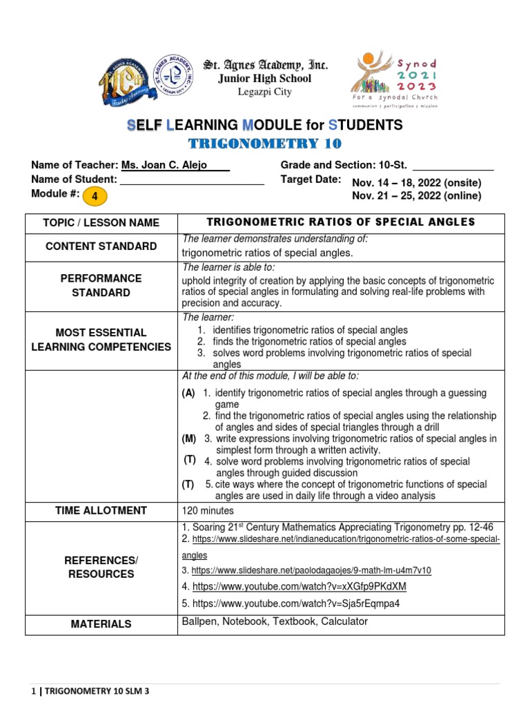 Slm 4 Trigonometric Ratios Of Special Angles 22 23 Pdf