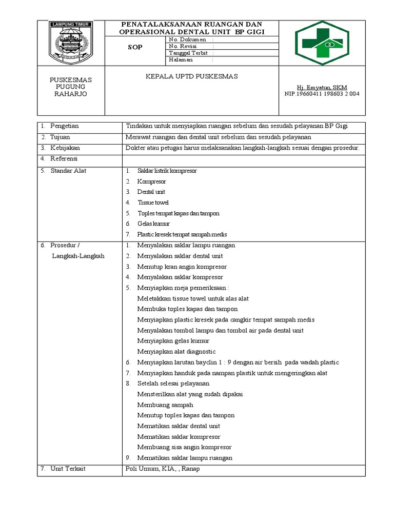 Sop Penatalaksanaan Ruangan Dan Operasional Dental Unit BP Gigi | PDF
