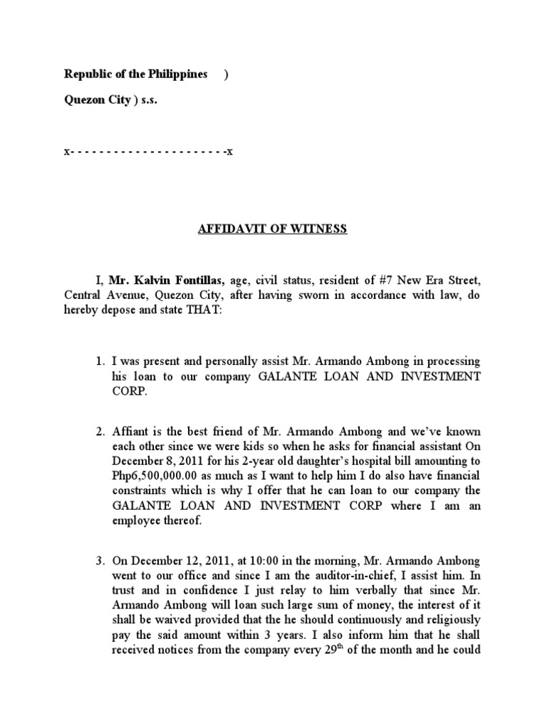 Sample of Affidavit of Witness | Download Free PDF | Affidavit ...