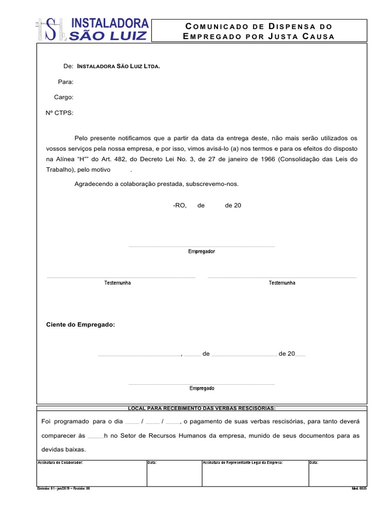 Mod. 0035 - RH Comunicado de Dispensa Por Justa Causa | PDF | Business ...