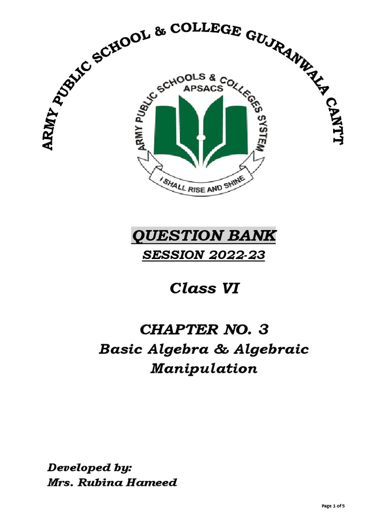 Class VI Algebra Question Bank | PDF | Variable (Mathematics) | Algebra