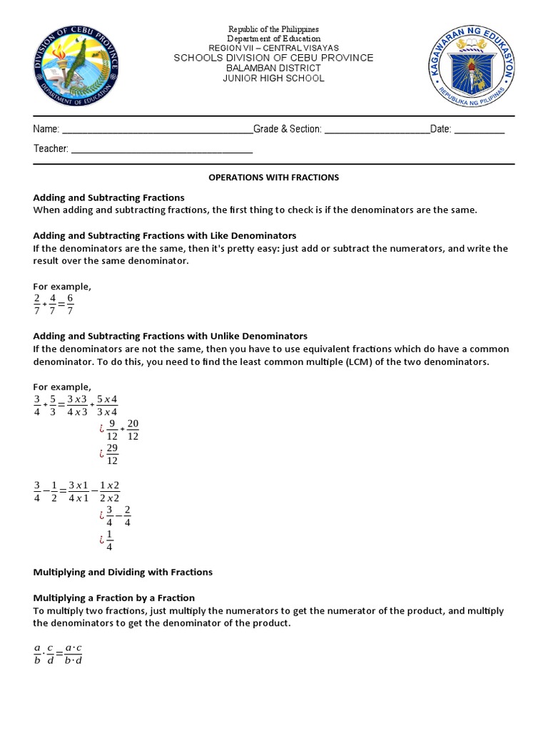 Operations With Fractions | PDF | Algebra | Mathematical Notation