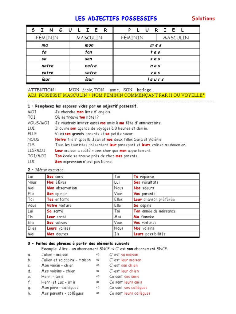 Exercices sur les adjectifs possessifs | PDF