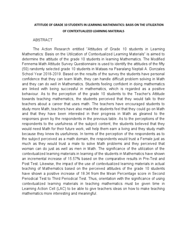 Attitude of Grade 10 Students in Learning Mathematics | PDF | Lesson ...