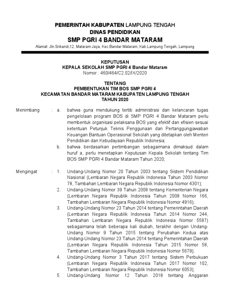 (Panduanmengajar - Com) - Contoh SK Tim BOS Reguler 2020 | PDF