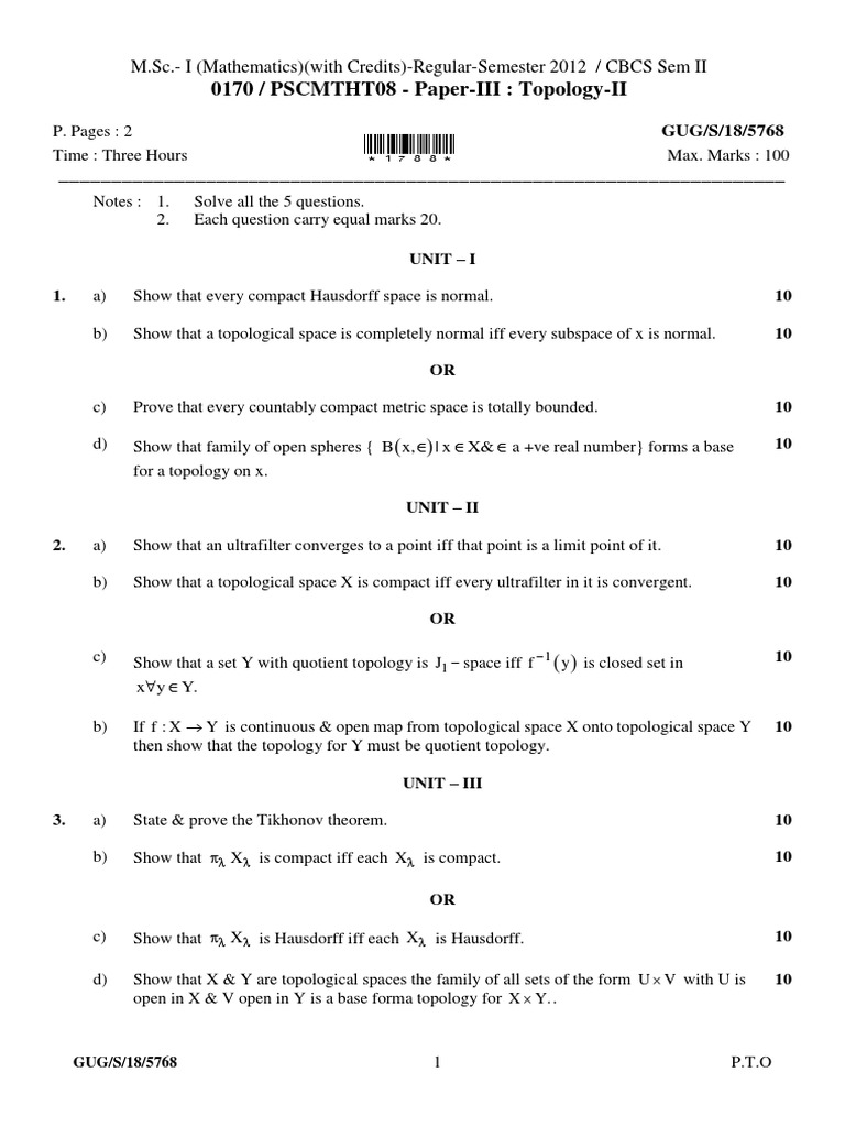 MSC 2 Sem Mathematics Topology 2 5768 Summer 2018 | Download Free PDF ...