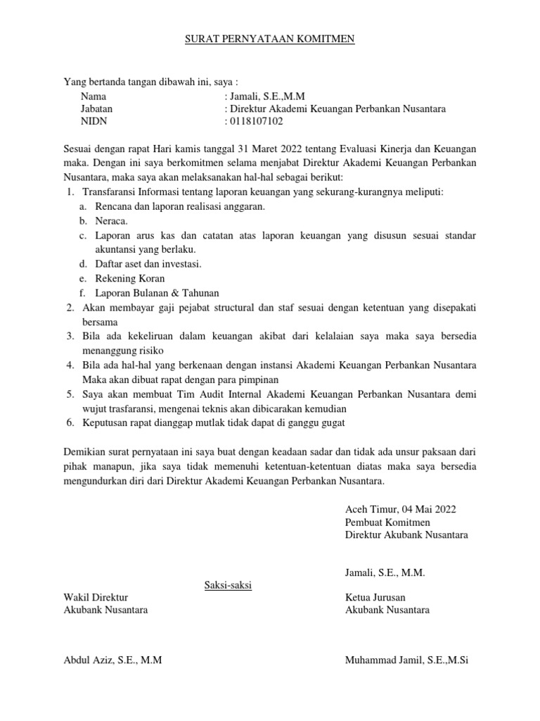 Surat Pernyataan Komitmen | PDF | Karier & Perkembangan | Bisnis