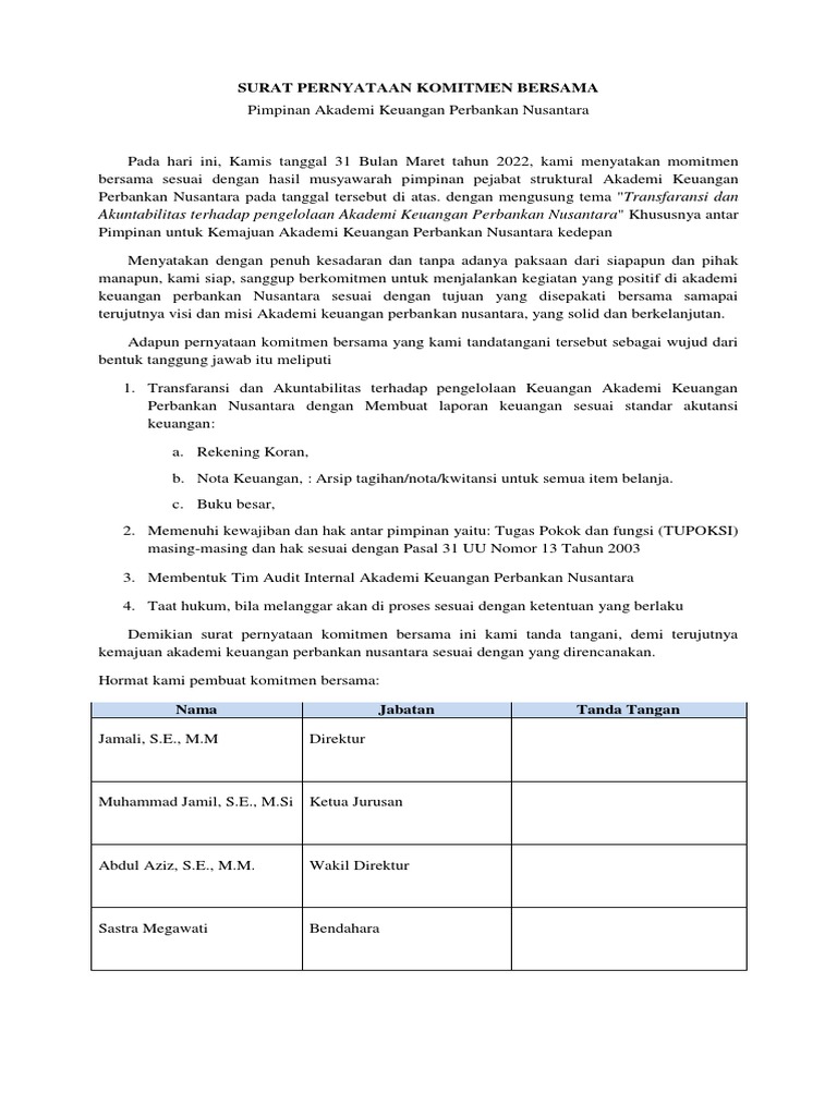 Surat Pernyataan Komitmen Bersama | PDF