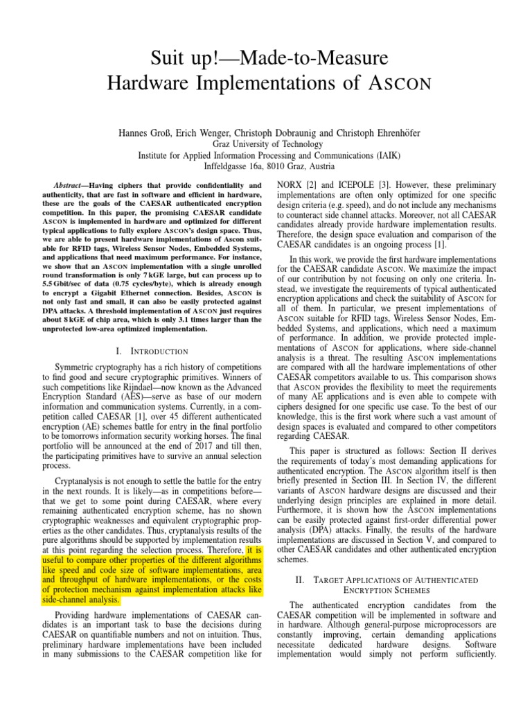 HardwareImplementation ASCON | PDF | Cryptography | Encryption