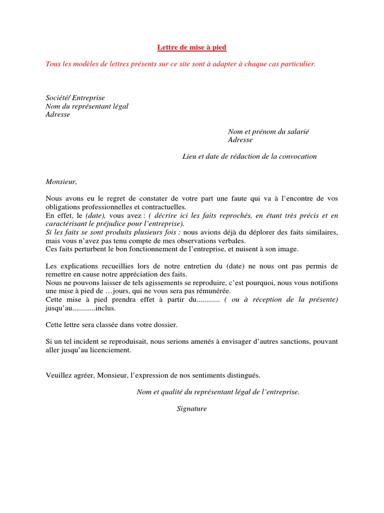 Modele Type de Lettre de Mise A Pied | PDF Modele Type de Lettre de Mise A Pied | PDF