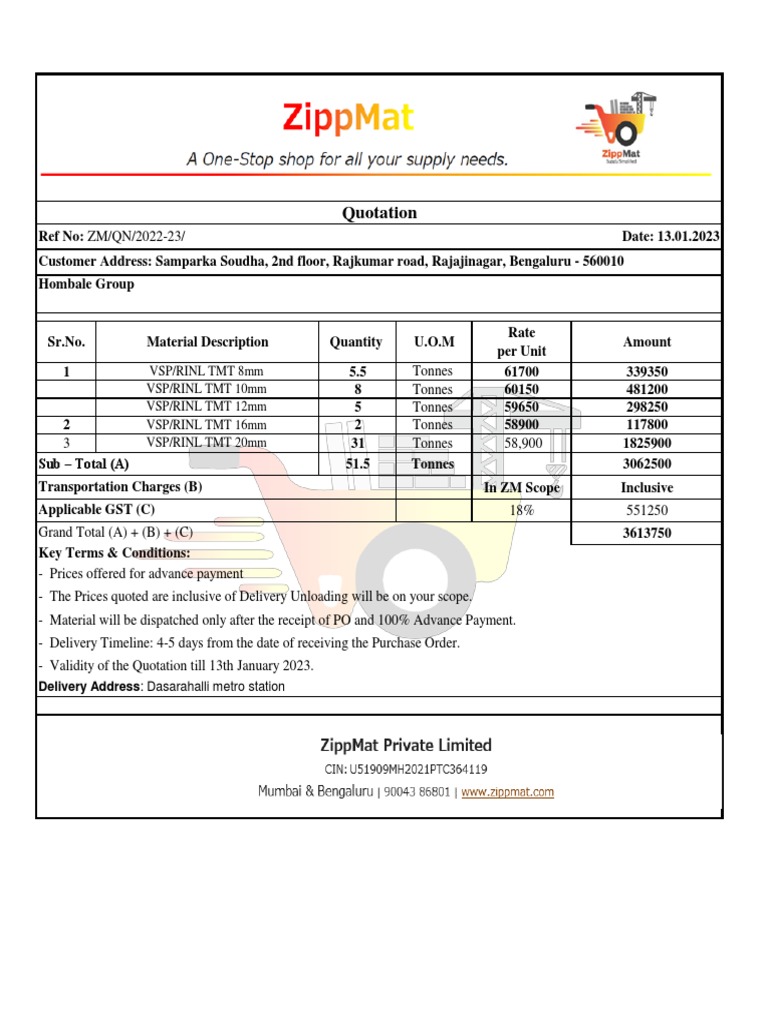 VSP/RINL TMT Steel Quotation | PDF