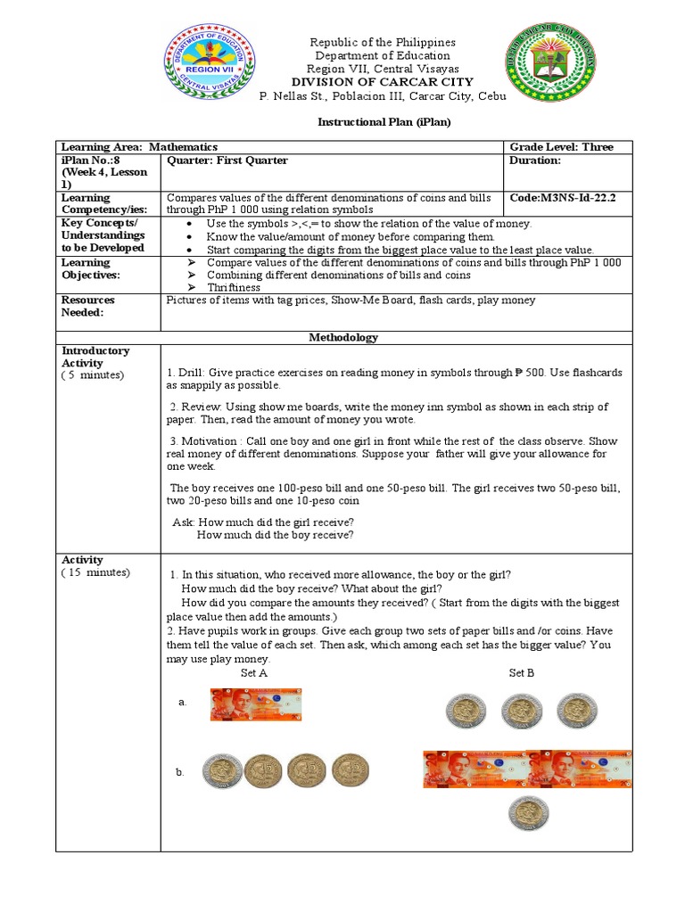 Iplan Math3 Quarter1 Week4 Lesson1 | PDF | Money