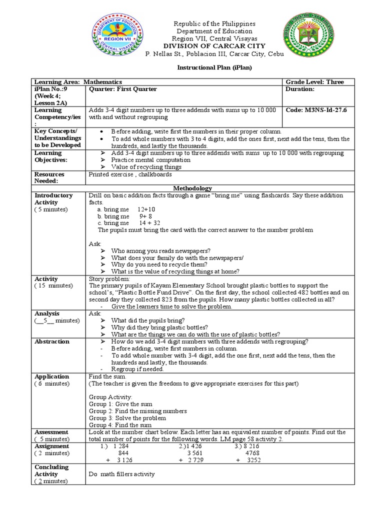 Iplan Math3 Quarter1 Week4 Lesson2a | PDF | Learning | Cognition