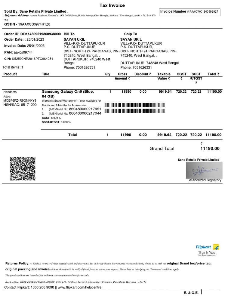 Samsung Galaxy On6 Tax Invoice | PDF | Information Appliances | Mobile ...
