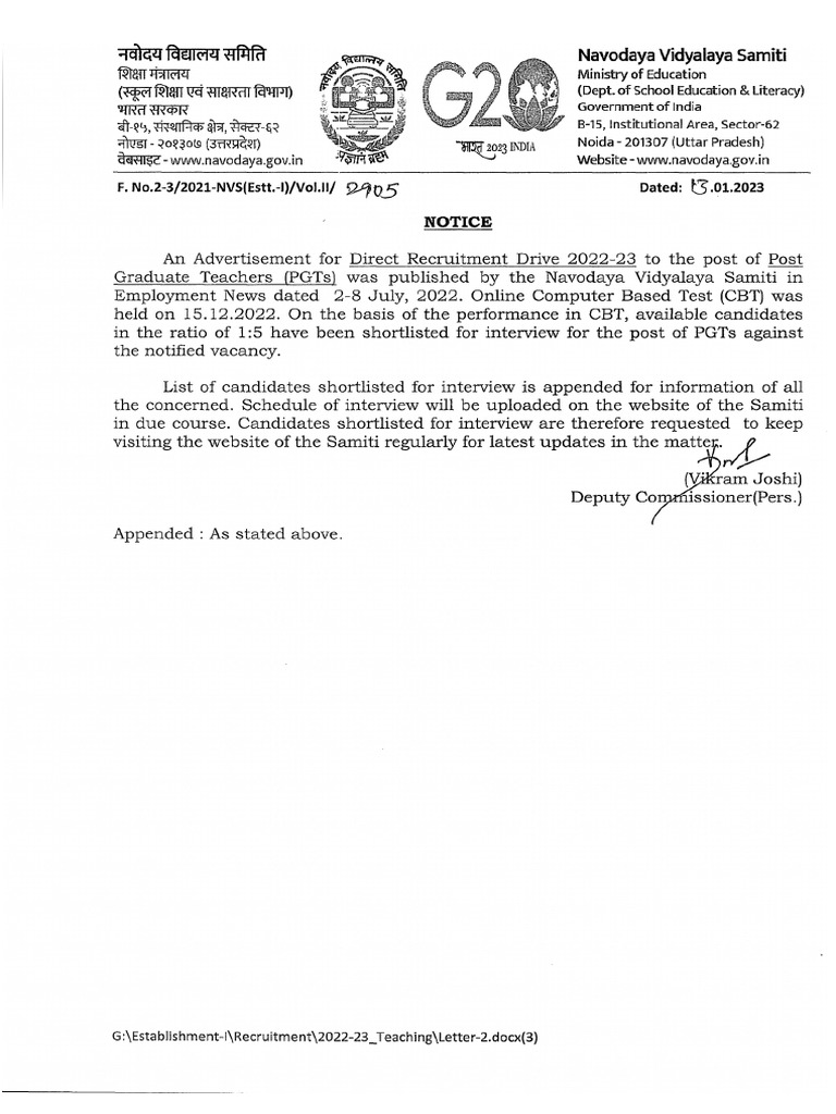 NVS PGT Result 2023 PDF | PDF