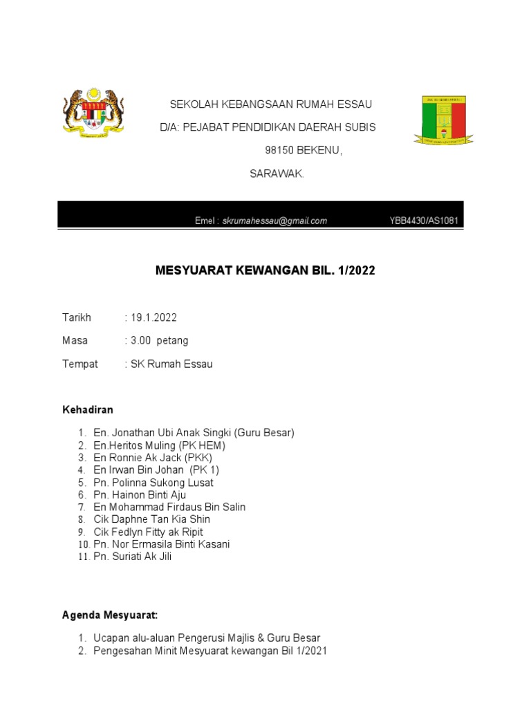 Contoh Minit Mesyuarat Kewangan Bil. 1 2022 | PDF