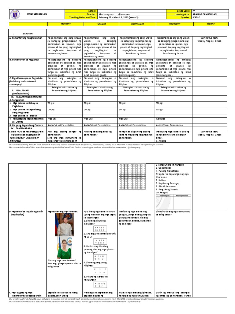 DLL - AP4 - Q3 - W3 Nasusuri Ang Balangkas o Istruktura NG Pamahalaan@edumaymay@lauramos | PDF