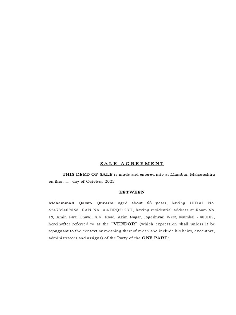 Sale Agreement Room | PDF | Deed | Lien