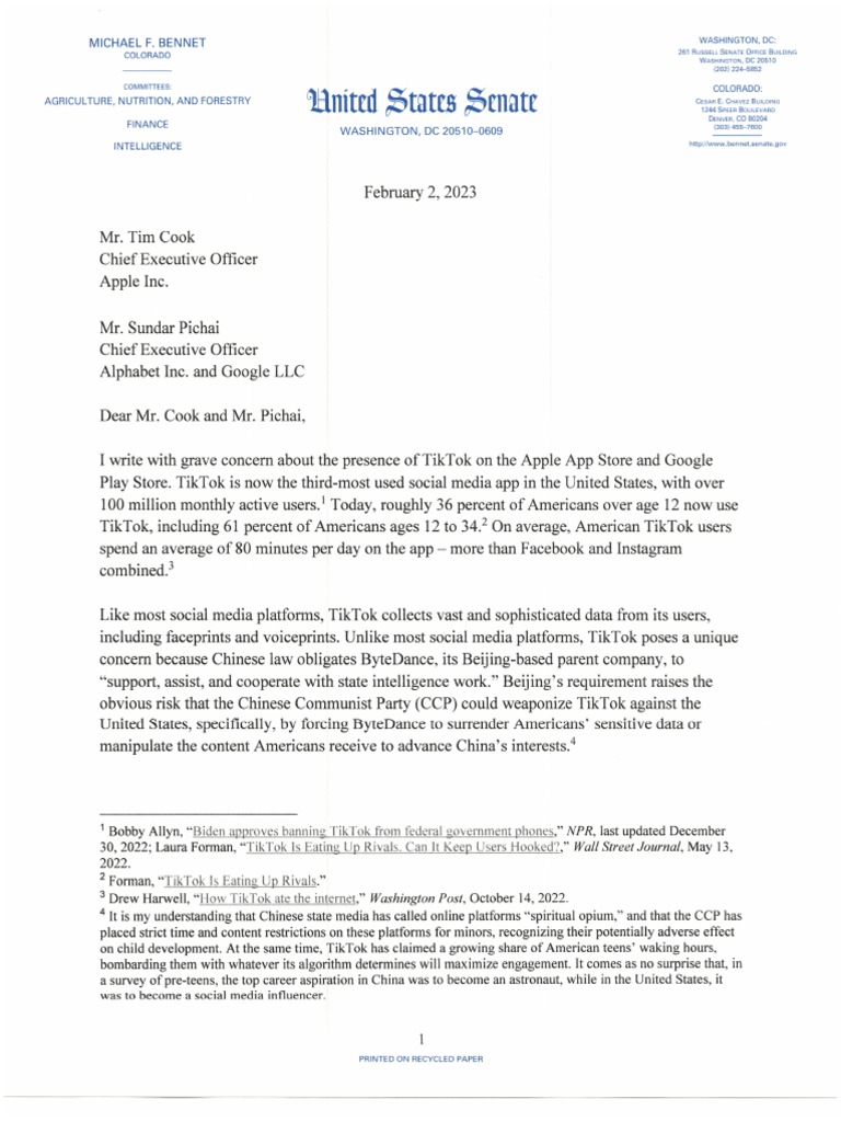 02.02.23 Bennet Tik Tok Letter Final Signed | PDF