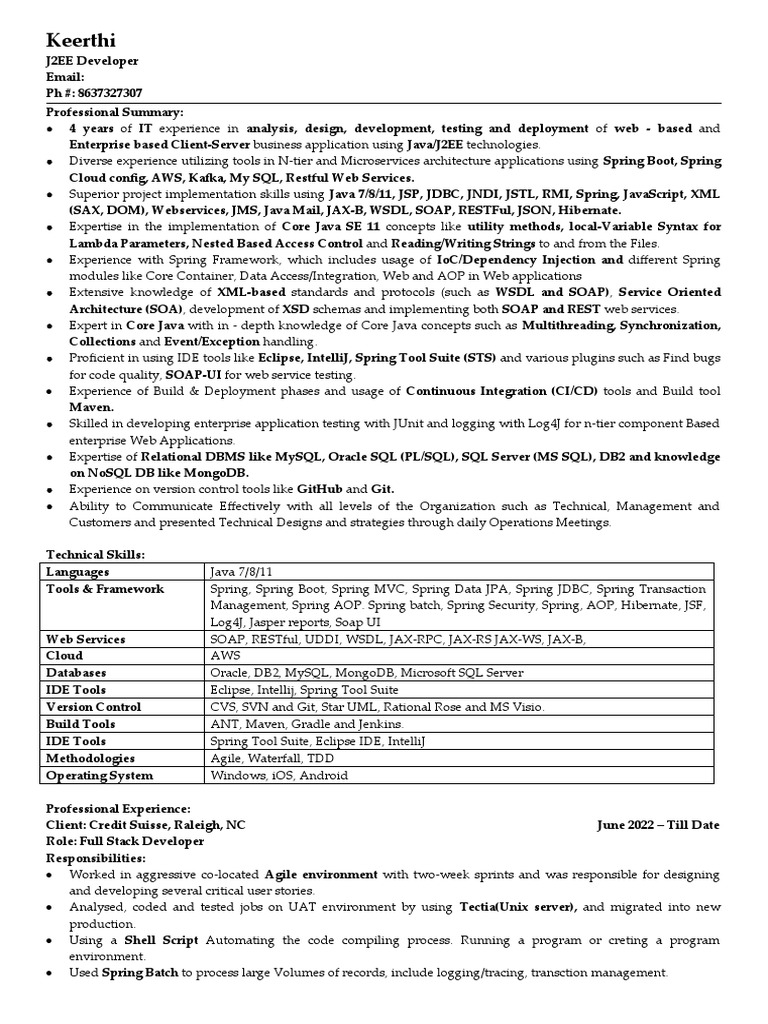 Keerthi P Resume Pdf Spring Framework Java Programming Language
