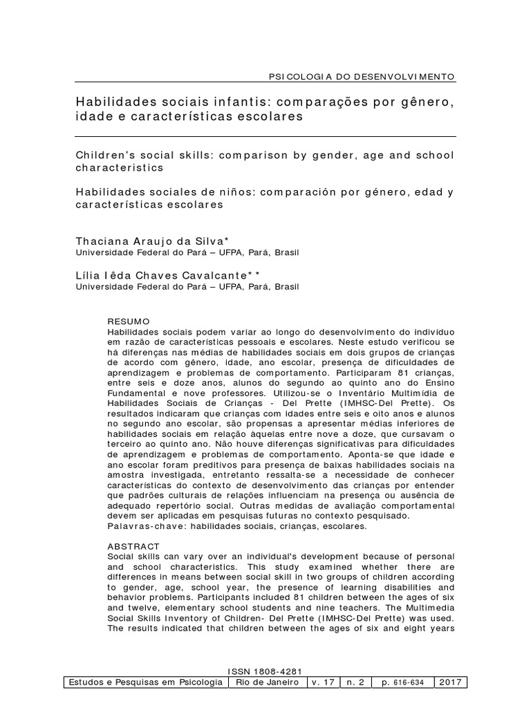 Habilidades Sociais Infantis Comparações Por Gêner | PDF | Aprendizado ...