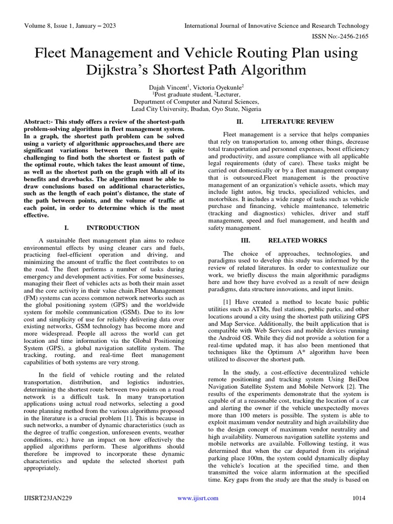 Fleet Management and Vehicle Routing Plan Using Dijkstra's Shortest ... Fleet Management and Vehicle Routing Plan Using Dijkstra's Shortest ...
