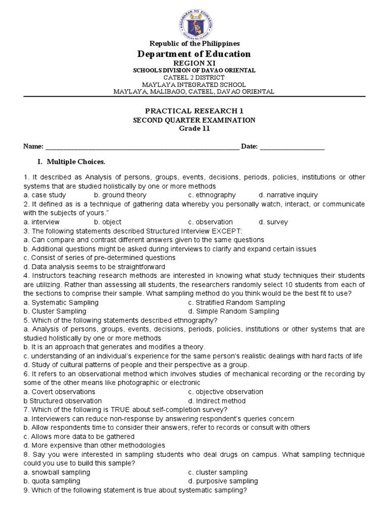 2ND Quarter Exam - PR1 | PDF | Sampling (Statistics) | Qualitative Research