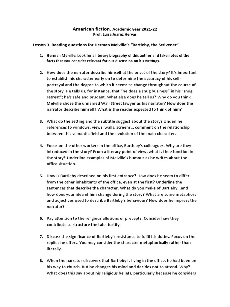 Reading Questions for Bartleby Analysis | PDF | Bartleby, The Scrivener ...