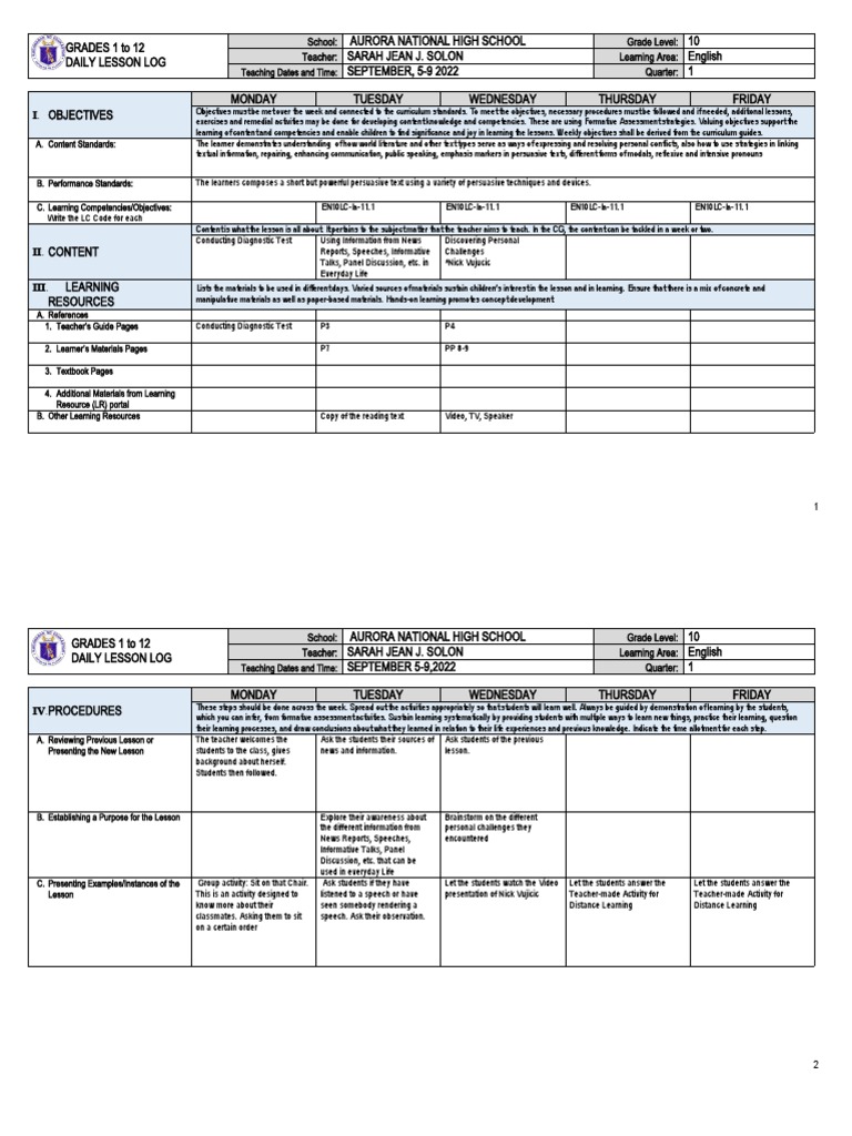 Grade-10-English-DLL-Q1-2022-2023- | PDF