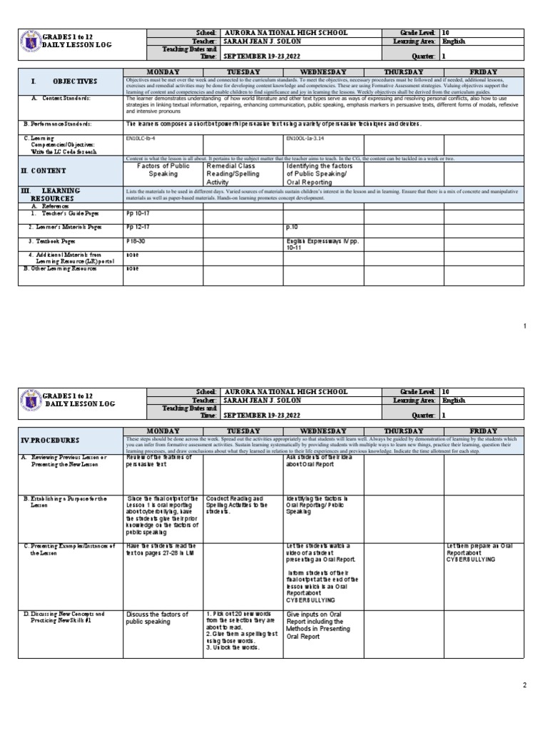 Grade 10 English DLL Q1 2022 2023 WEEK 1 | PDF | Learning | Teachers