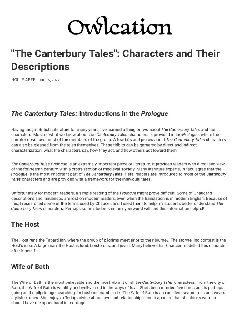 The Canterbury Tales - Characters and Their Descriptions - Owlc | PDF ...