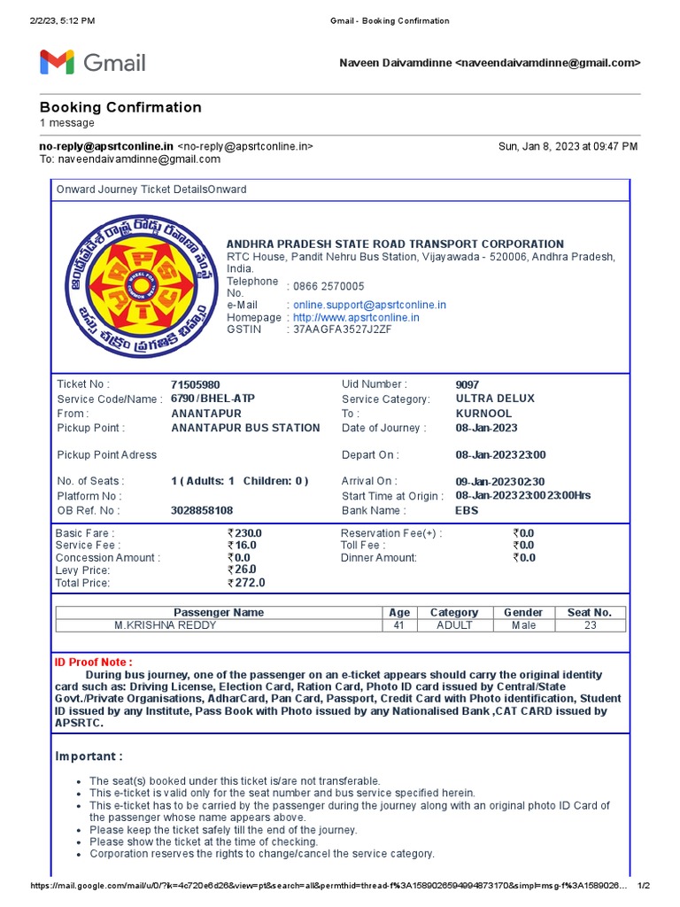 Gmail - Booking Confirmation 6M7 | PDF | Identity Document | Authentication