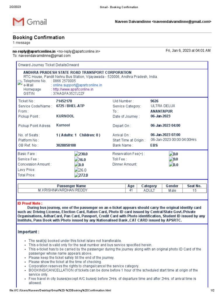 Gmail - Booking Confirmation | PDF | Identity Document | Transport