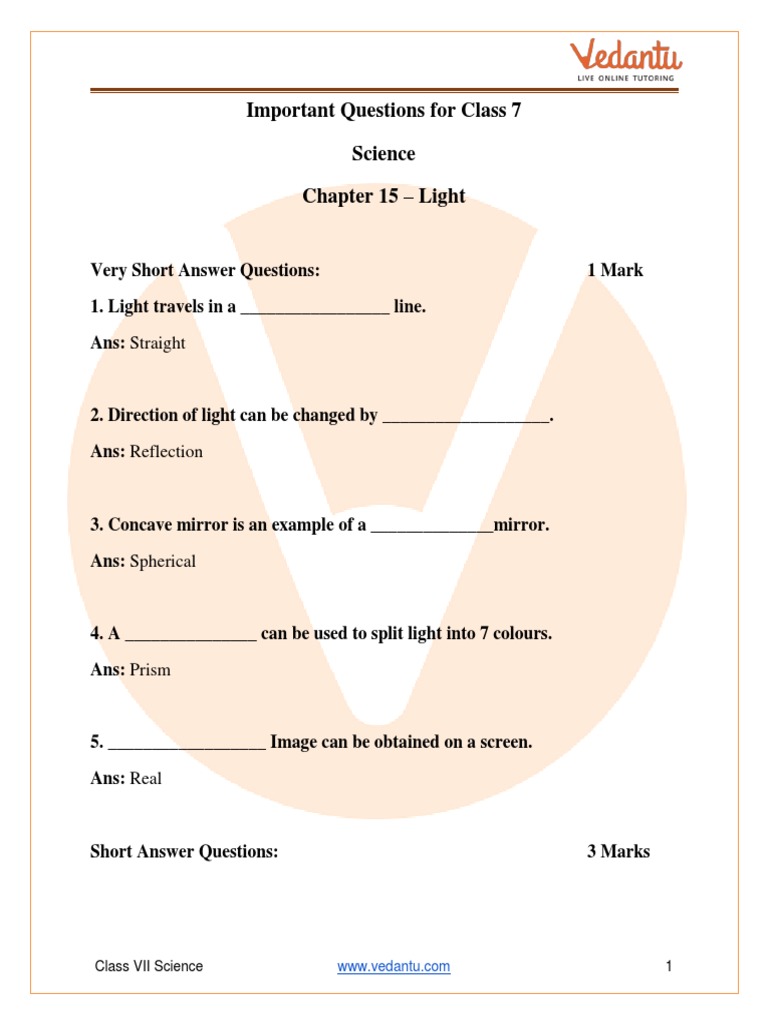 Class 7 Science: Light Important Questions | PDF | Mirror | Rainbow