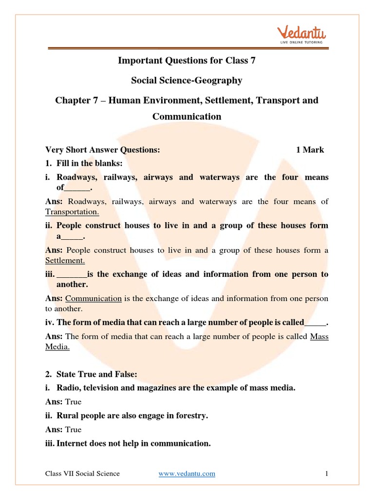 Important Questions For CBSE Class 7 Social Science Our Environment Chapter 7 - Human ...
