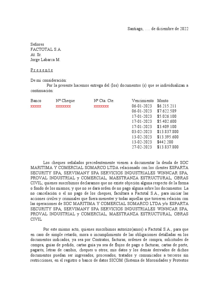 Carta Aceptación Cheques | PDF | Cheque | Bancos